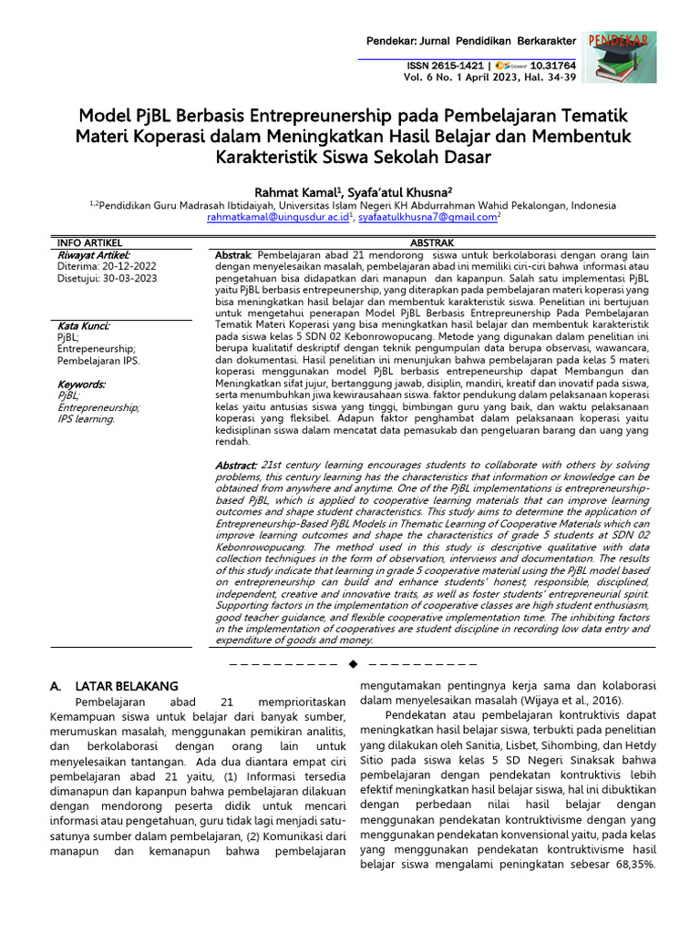 Model PJBL Berbasis Entrepreunership Pada Pembelajaran 1e7hv0xo | PDF