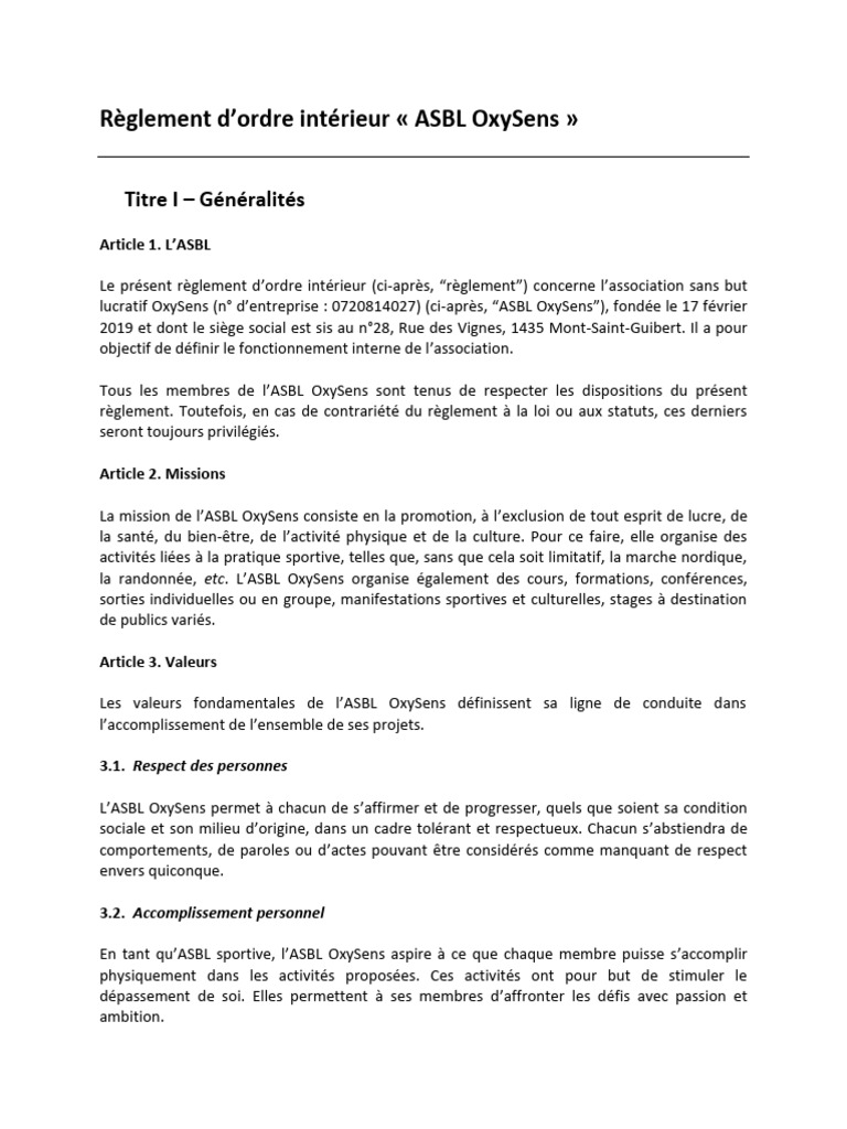 Règlement D'Ordre Intérieur Asbl Oxysens : Titre I - Généralités | PDF