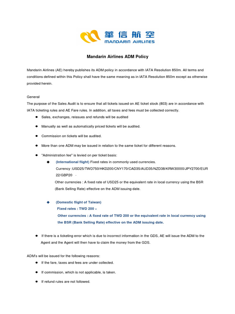 Mandarin Airlines ADM Policy | PDF