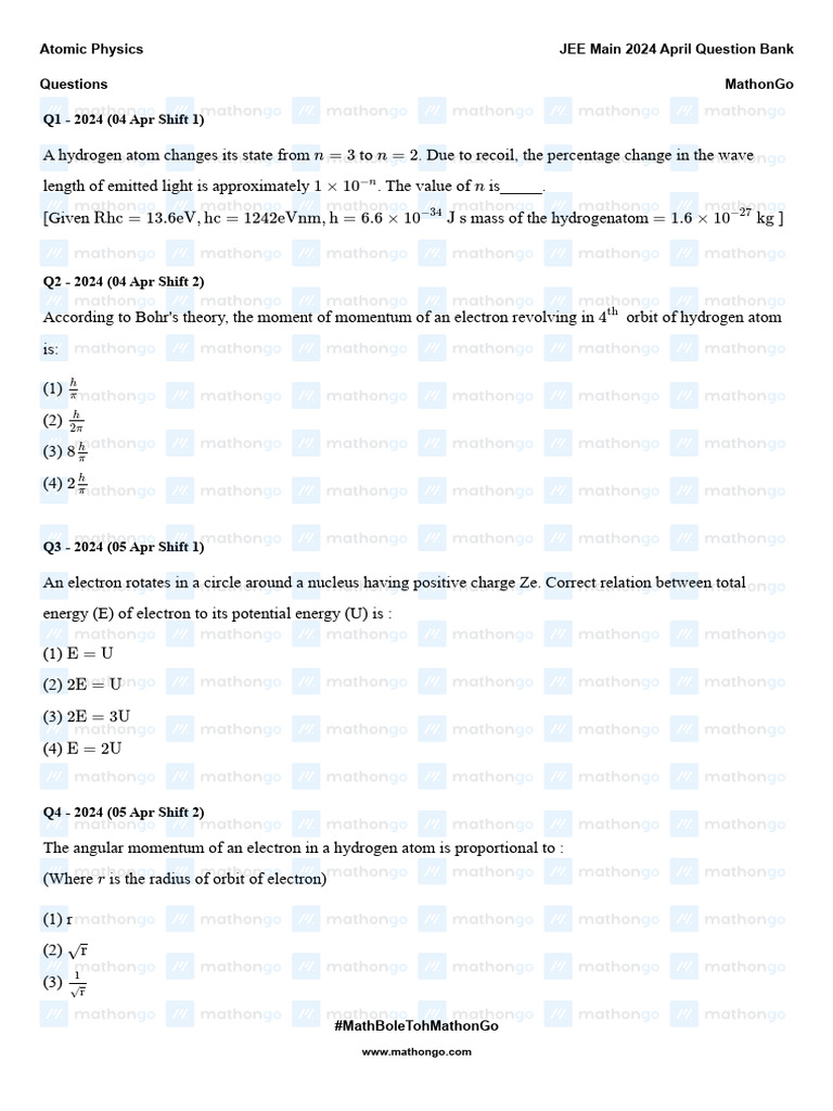 Atomic Physics - JEE Main 2024 April PYQs | PDF | Electron | Quantum Mechanics