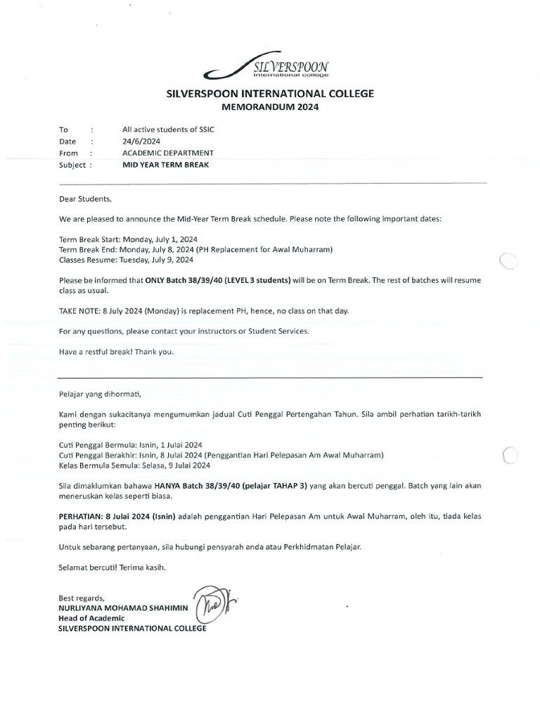 Memo Term Break | PDF