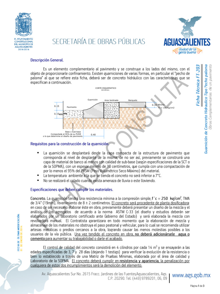 FT 203 Guarnición de Concreto Hidraulico Tipo Pecho Paloma 2014 B | PDF