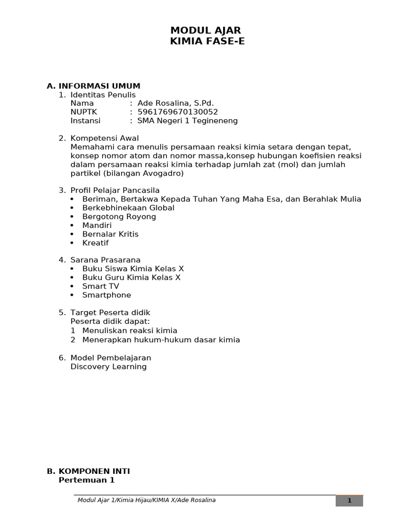 MODUL AJAR HUKUM DASAR KIMIA_ade | PDF