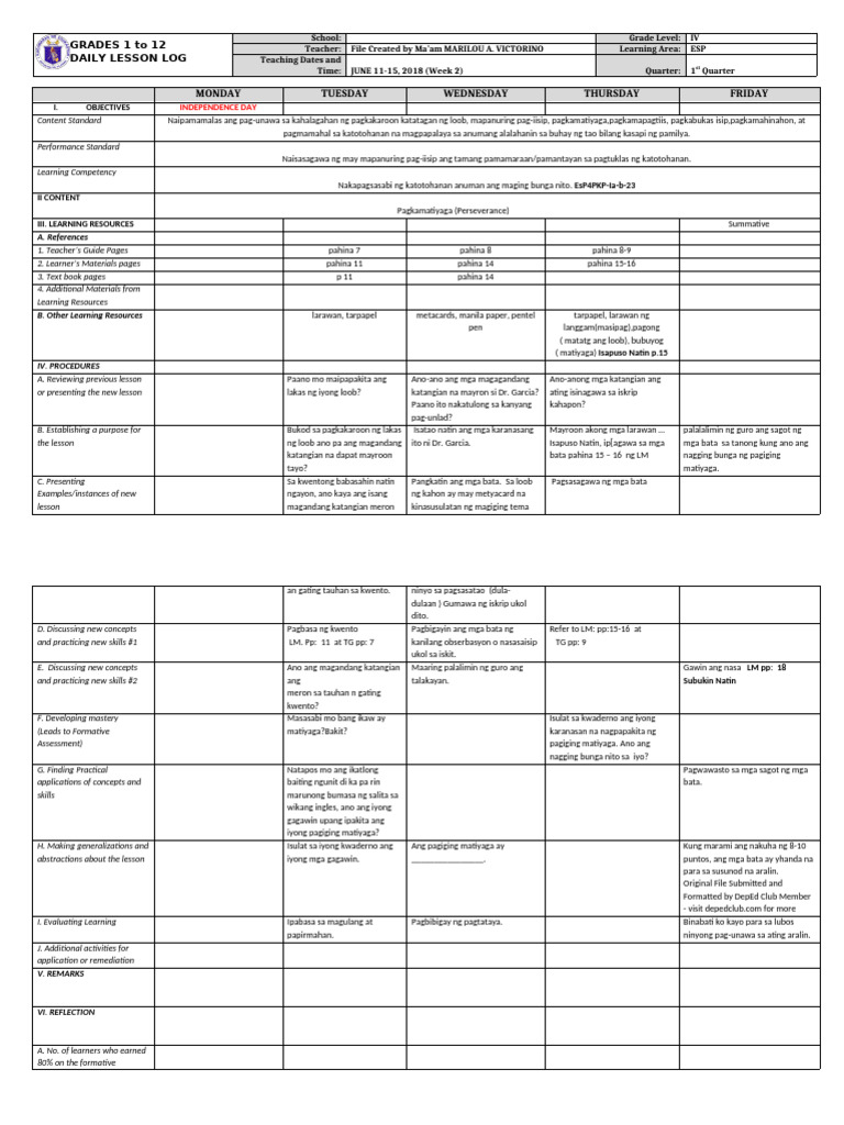 DLL - Esp 4 - Q1 - W2 | PDF