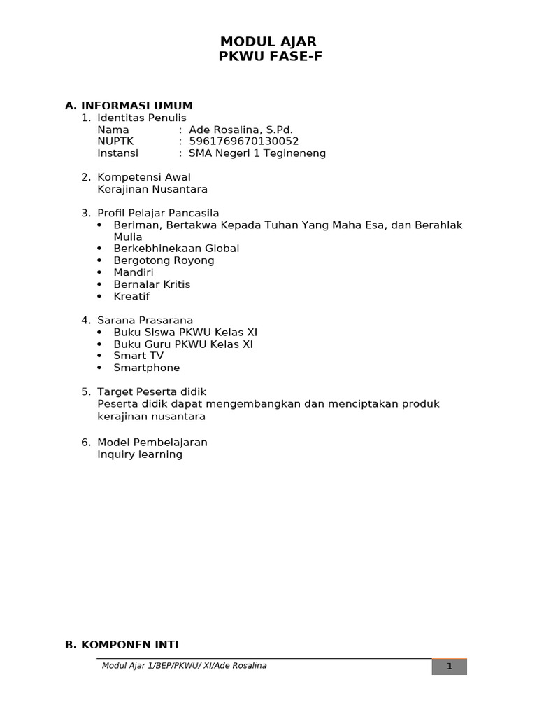 MODUL AJAR PKWU 11 - Ade | PDF