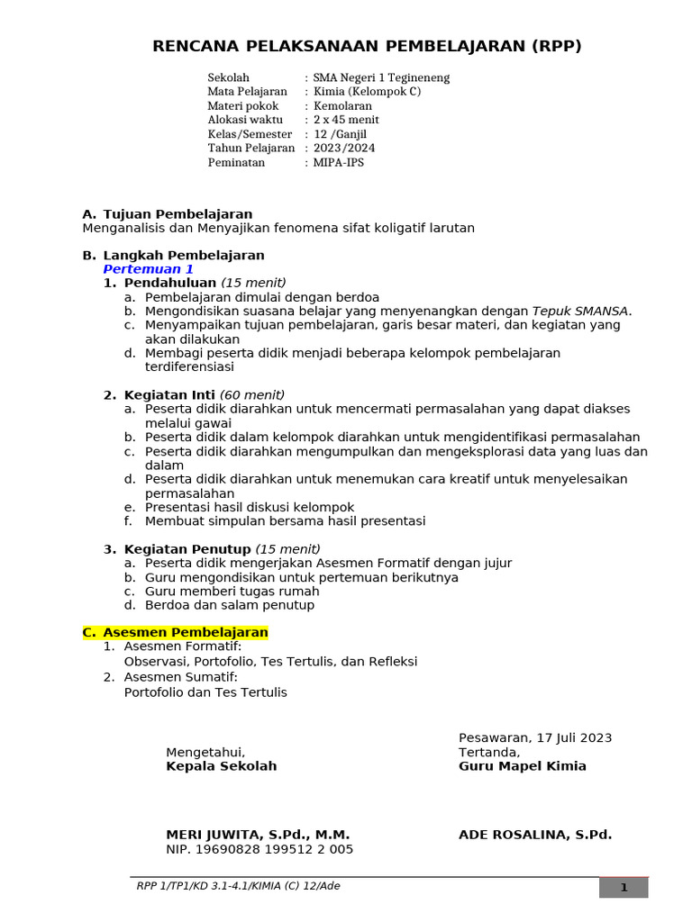 RPP KIMIA - Kelas 12 MIPA 3 - ADE | PDF