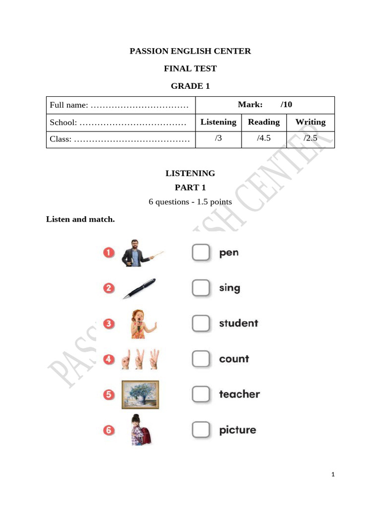 Đề Ktra Cuối Khóa Super Easy Reading | PDF