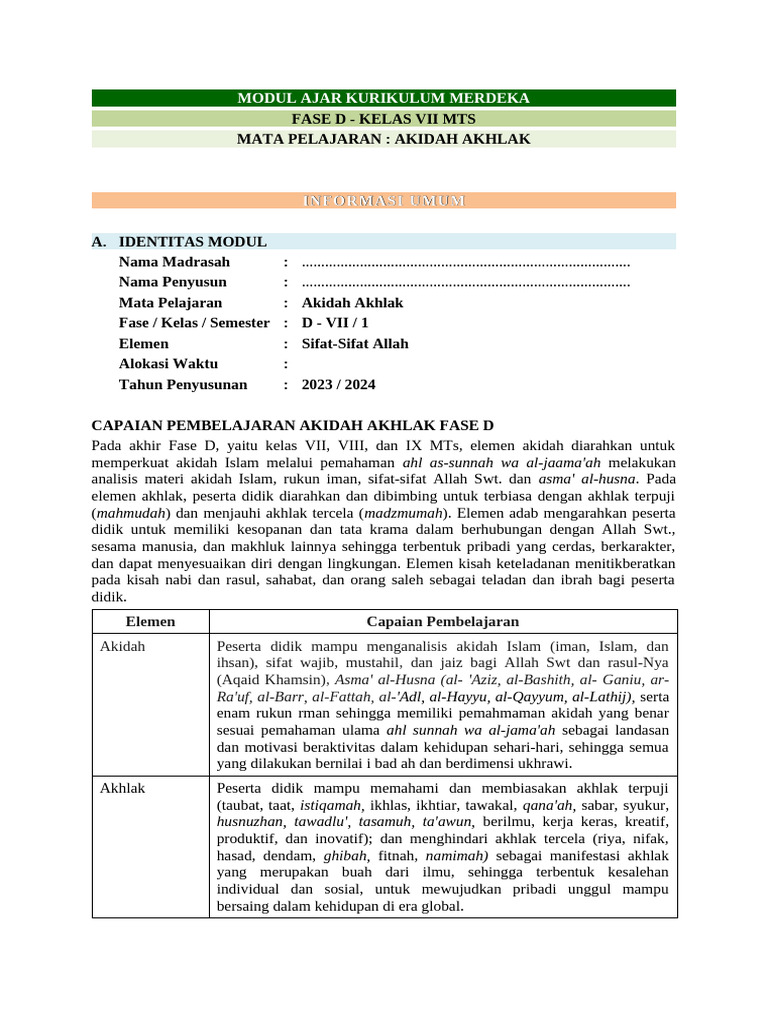 AKIDAH AKHLAK Modul Akla 7 Bab 2 - Sifat-Sifat Allah SWT | PDF