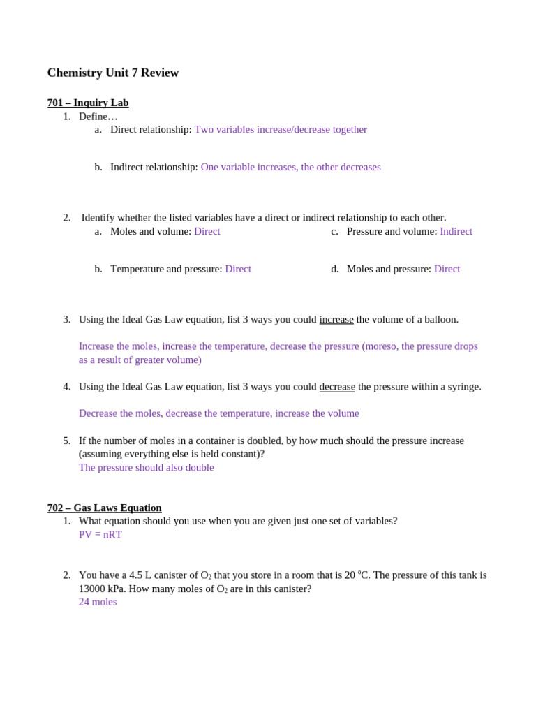 Chemistry U7 Review KEY | PDF
