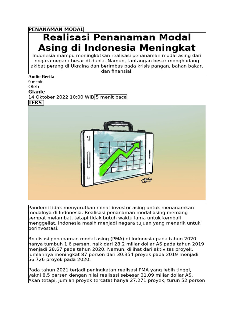 Realisasi Penanaman Modal Asing Di Indonesia Meningkat | PDF