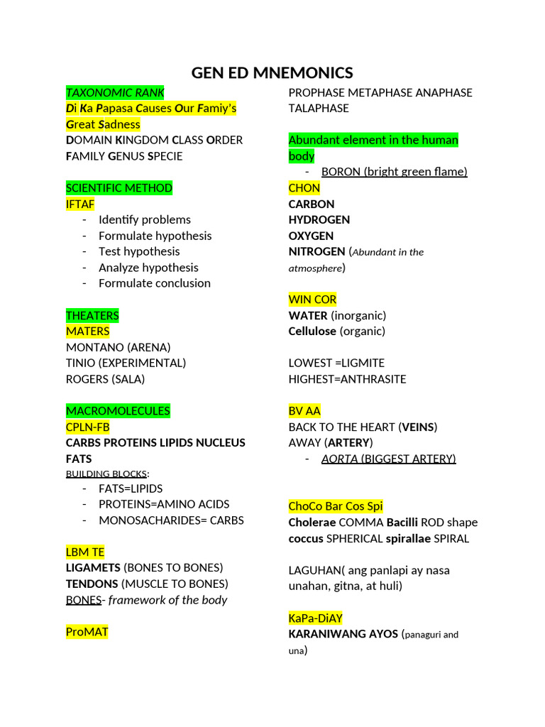 Gen Ed Mnemonics | PDF