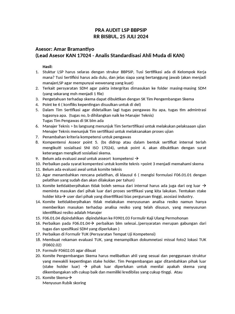 Catatan Pra-Audit 250724 | PDF