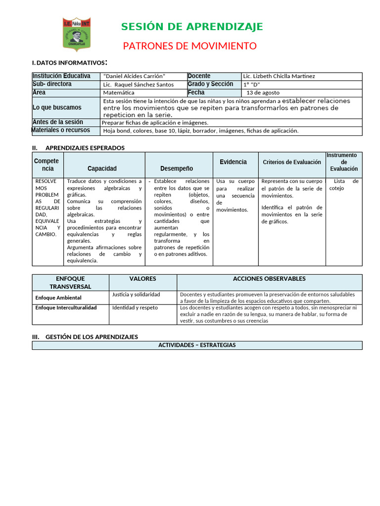 Mat. Patrones de Movimiento | PDF | Evaluación | Aprendizaje