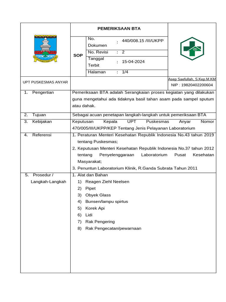 3.9.1.a.4.15 Sop Pemeriksaan Bta | PDF