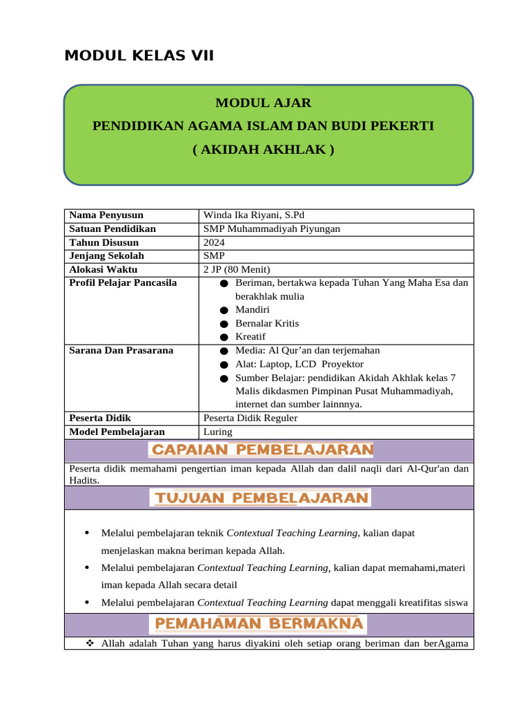 Modul Ajar Akidah Akhlak 7-9 | PDF