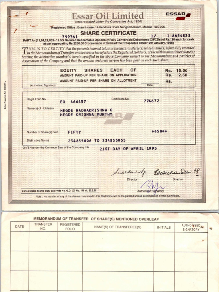 Essar Oil LTD Share Certificates 01-Mar-2024 | PDF