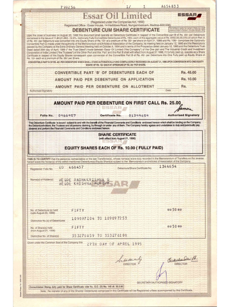6.2 Essar Oil LTD 50 Debenture and Share Certificates No 1344654 01-Mar ...