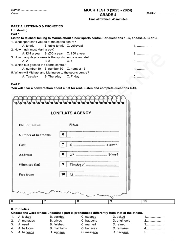 Mock Test 3 (2023 - 2024) - Grade 4 (Homework) | PDF | Home & Garden