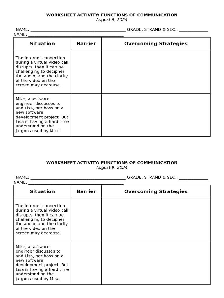 Worksheet-Barriers of Communication | PDF