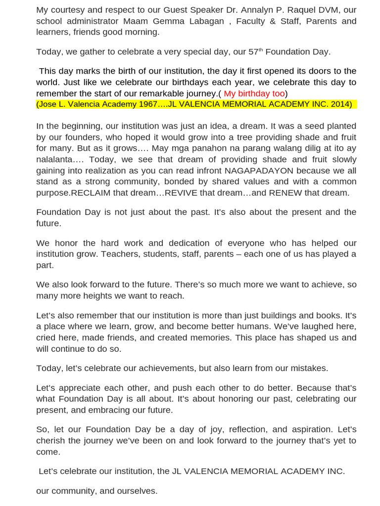 Opening Remarks For School Foundation Anniversary | PDF