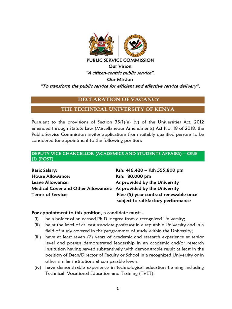 Declaration of Vacancy Position - The Technical University of Kenya2 | PDF