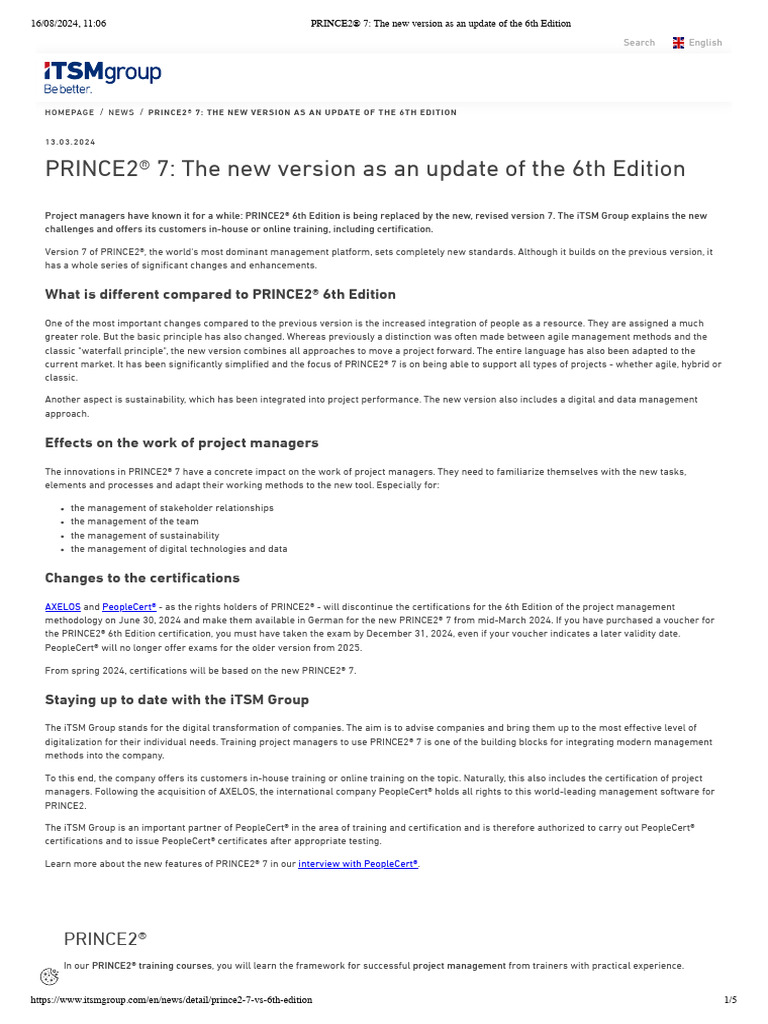 PRINCE2® 7 - The New Version As An Update of The 6th Edition | PDF