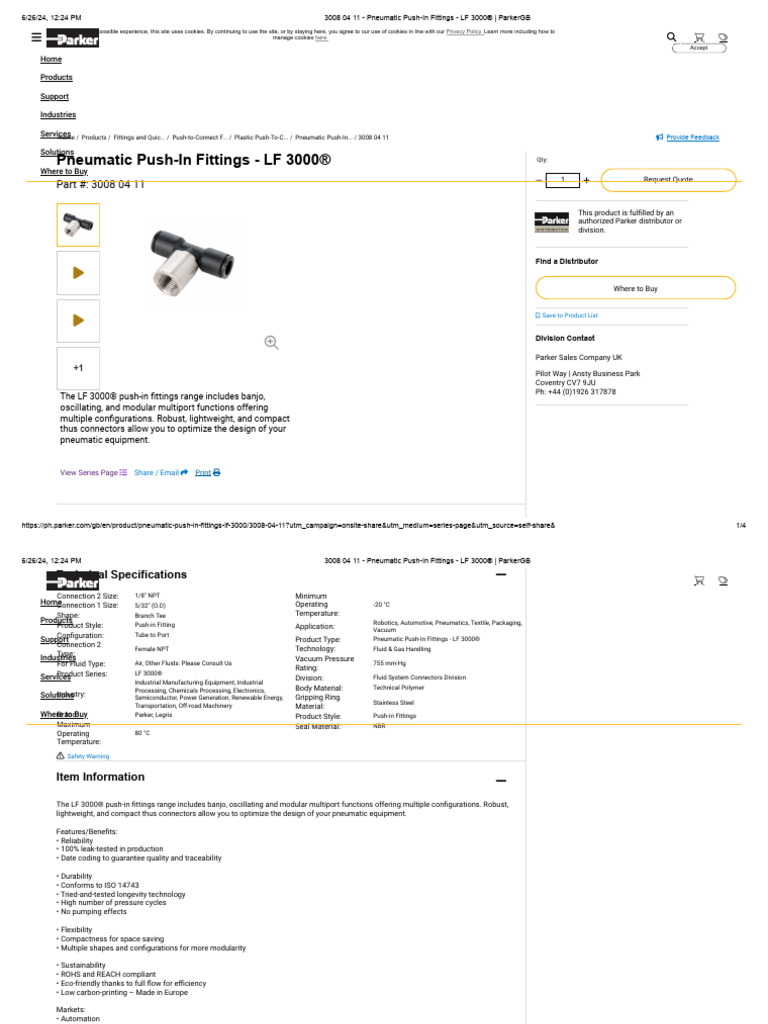 3008 04 11 - Pneumatic Push-In Fittings - LF 3000® _ ParkerGB | PDF