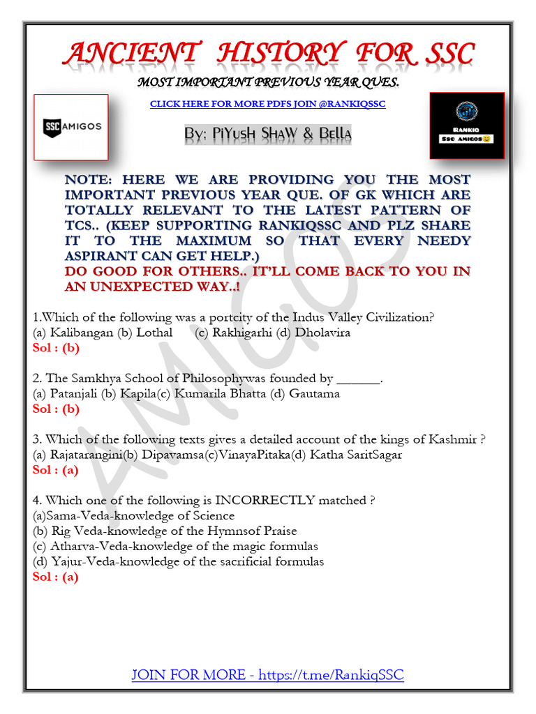 Ancient History Important PYQ | PDF