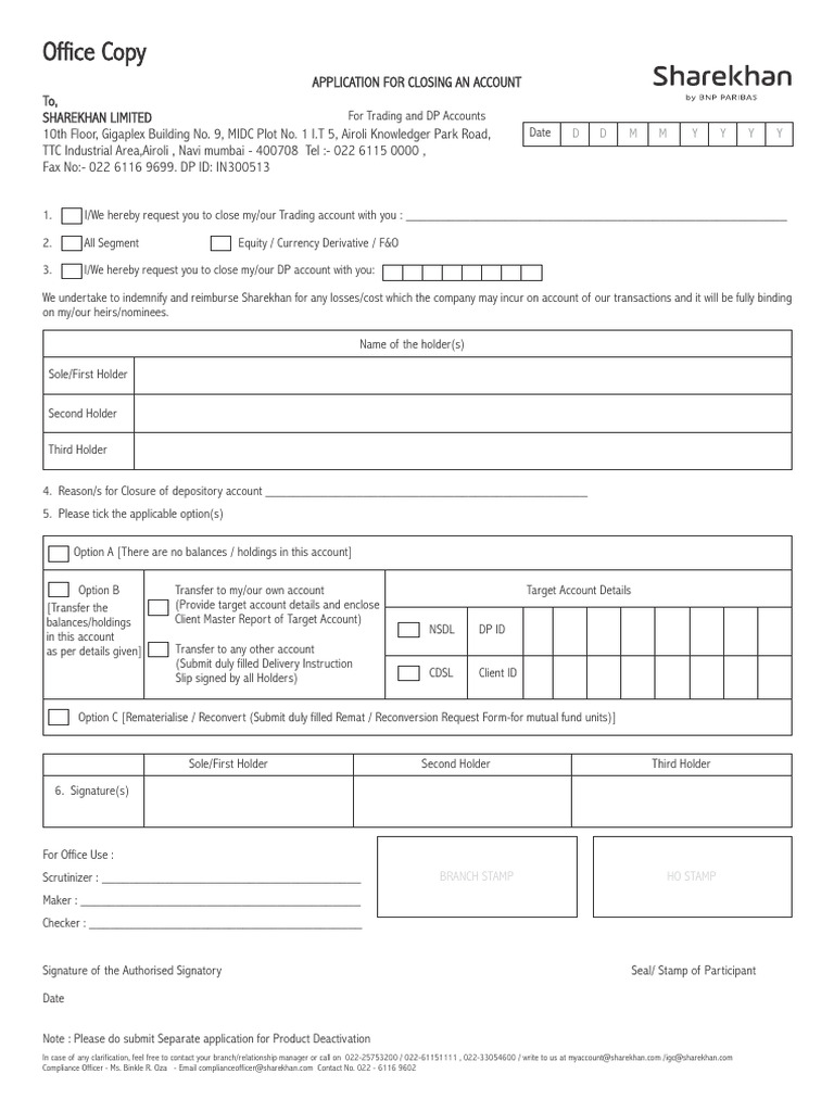 Application For Closing An Account - NSDL Sharekhan | PDF