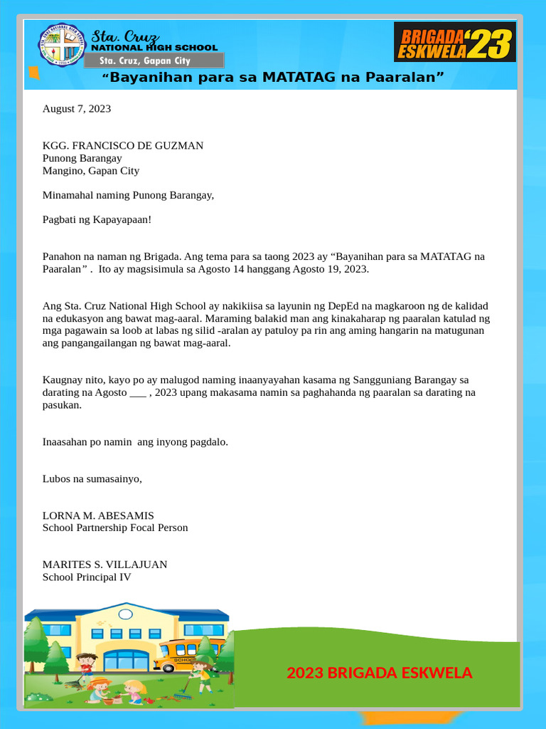 Brigada Eskwela 2023 Letters To Parents | PDF