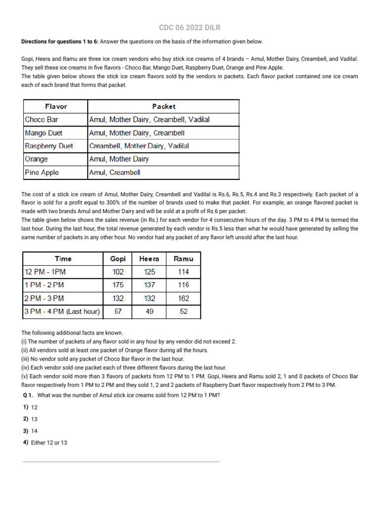 CDC 06 2022 DILR: Directions For Questions 1 To 6: Answer The Questions ...