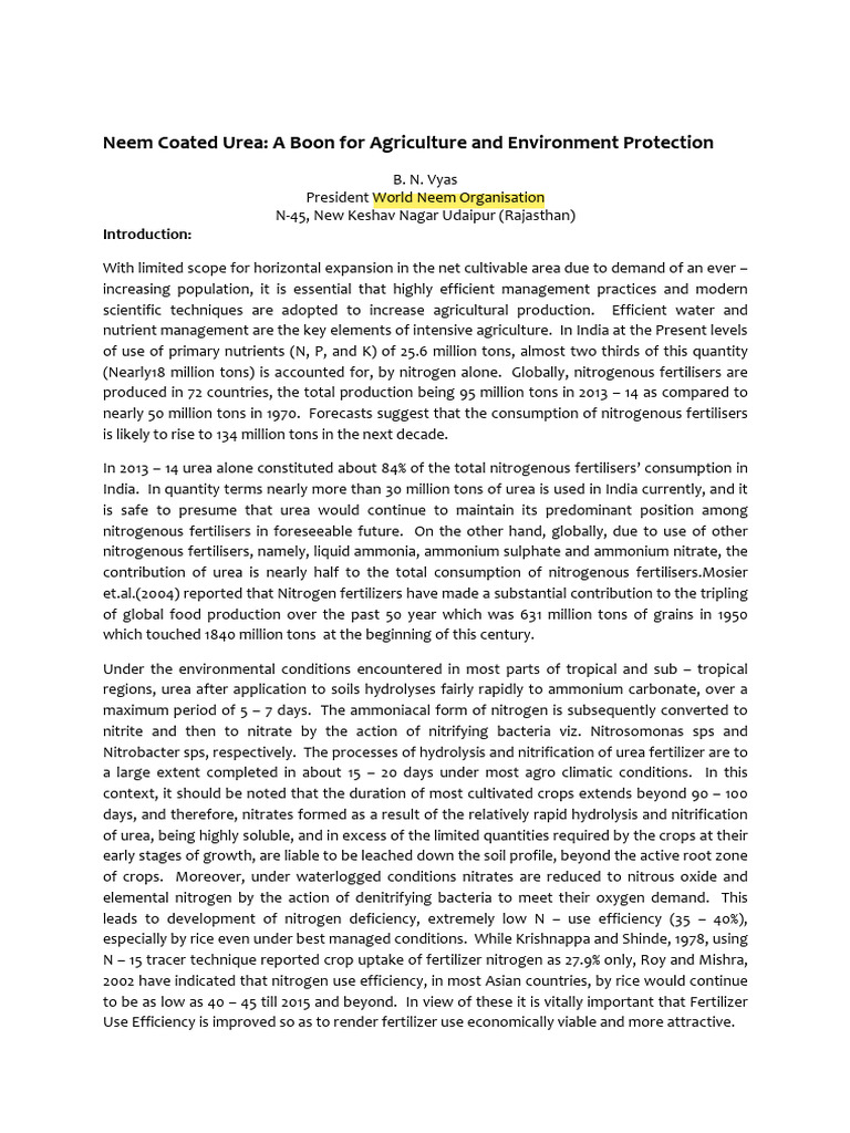 Neem Coated Urea A Boon For Agriculture and Environment Protection | PDF