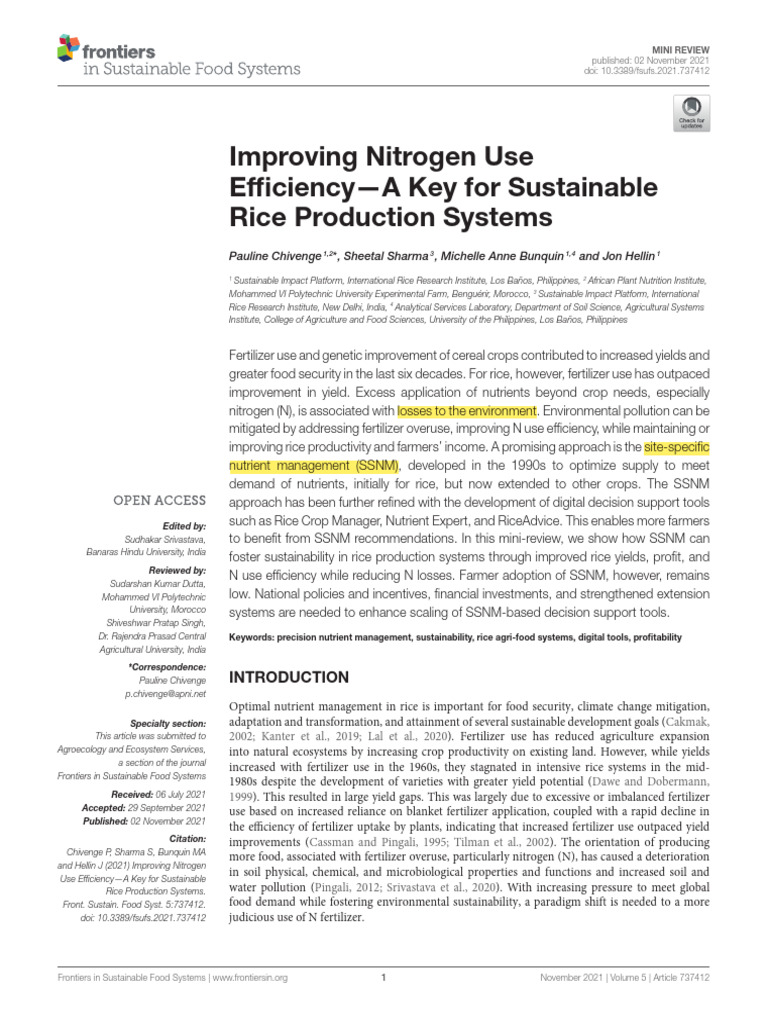 Improving Nitrogen Use Efficiency in Rice Production | PDF