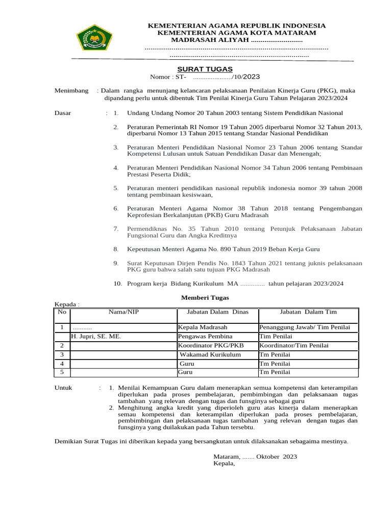 Contoh Surat Tugas PKG | PDF