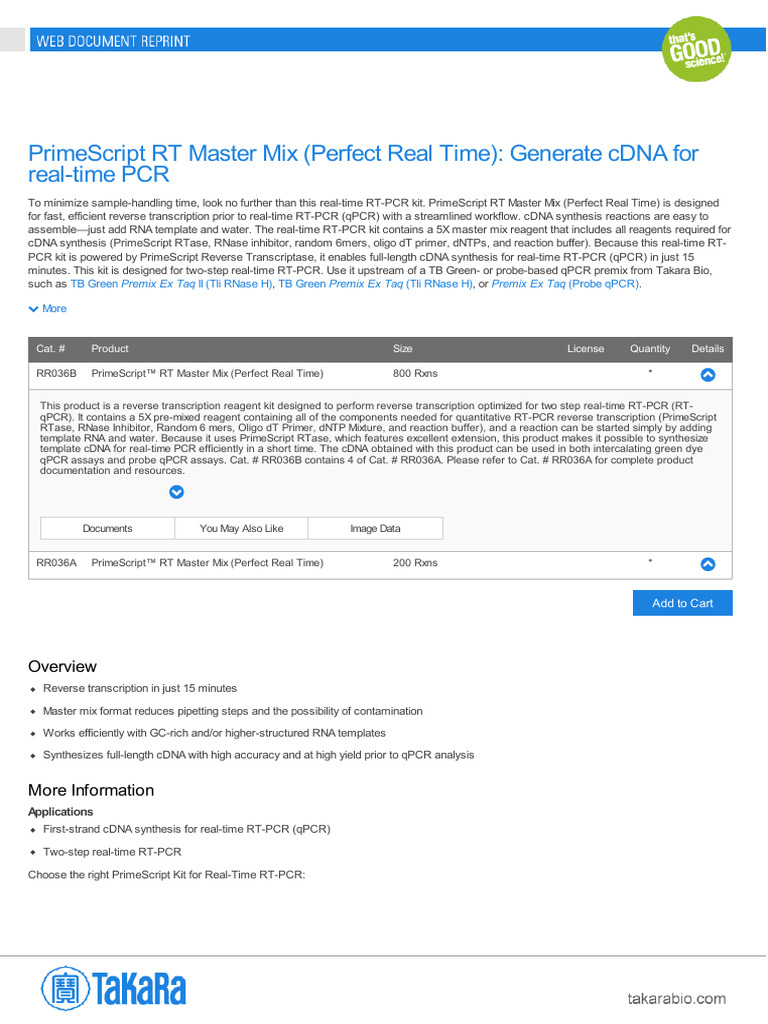PrimeScript RT Master Mix Perfect Real Time Generate CDNA For Real-Time PCR | PDF