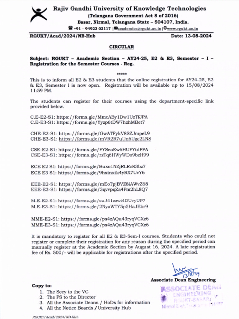 Circular For E2 & E3 - S1 COURSE REGISTRATION | PDF