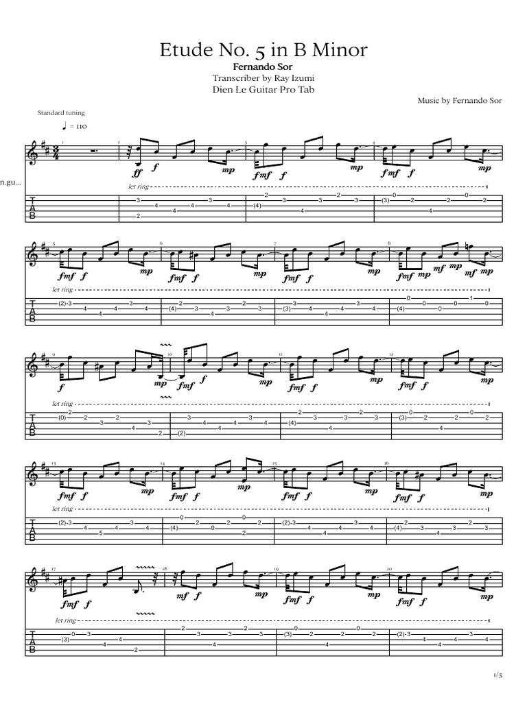 Etude No. 5 in B Minor - Fernando Sor - For Classical Guitar With Tab | PDF