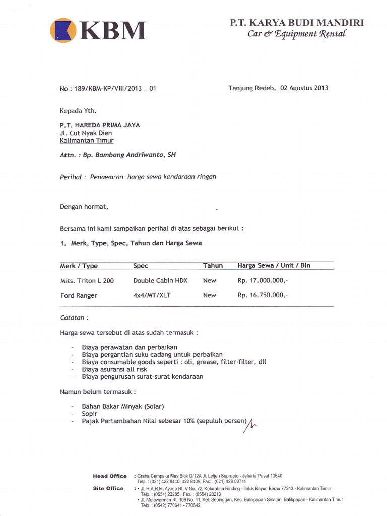 Dokumen Tips Surat Penawaran Sewa Mobil | PDF