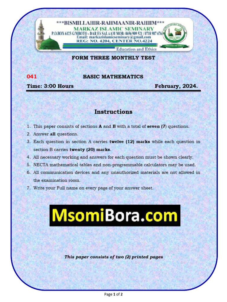 F3 B.mathematics Monthly Test Feb 2024 | PDF | Mathematics