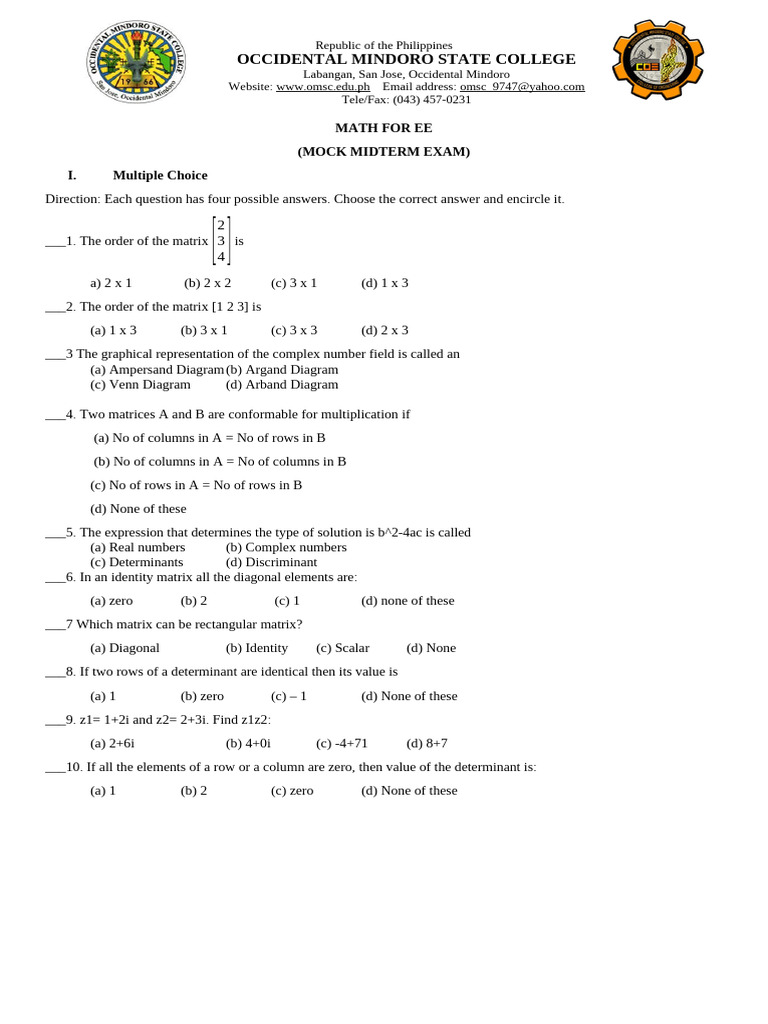 Math For Ee Mock Midterm Exam | PDF