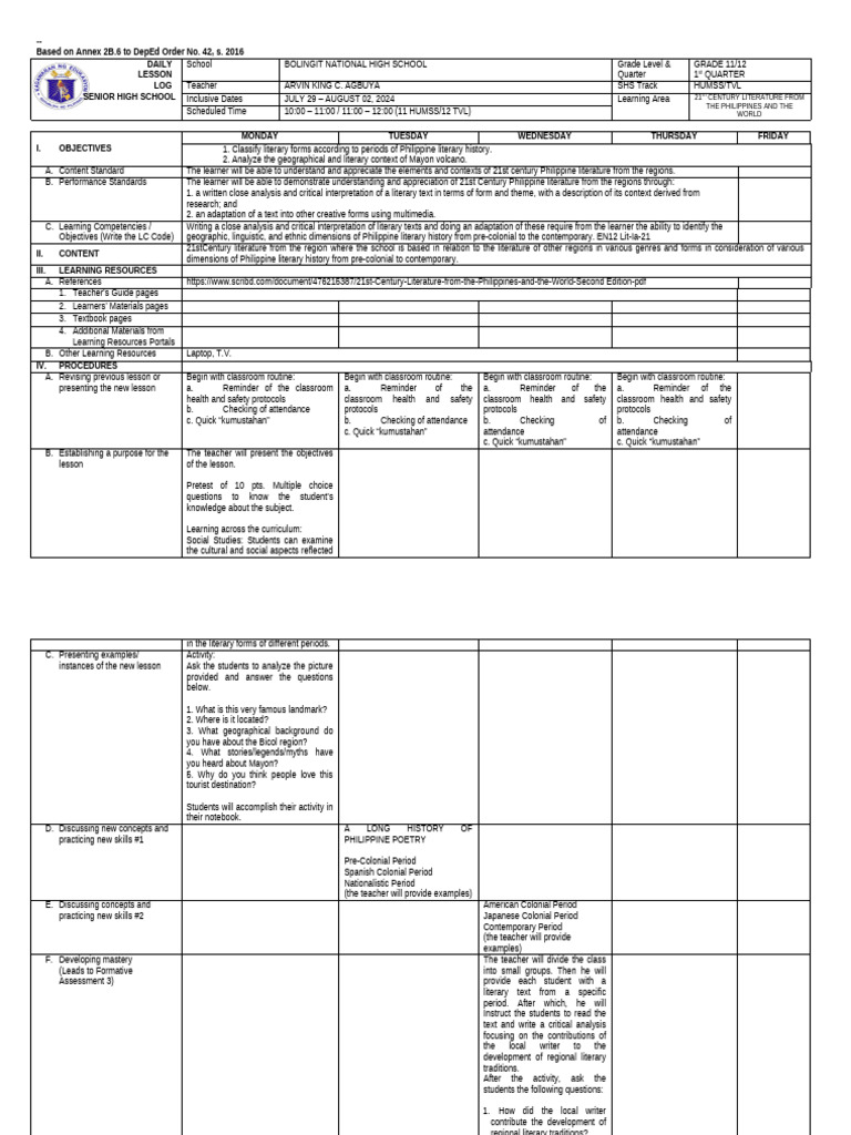 Based On Annex 2B.6 To Deped Order No. 42, S. 2016 Daily Lesson Log ...