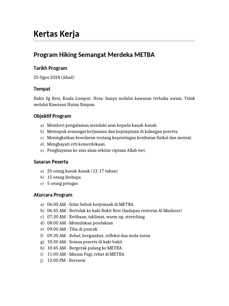 Kertas Kerja Program Hiking Semangat Merdeka METBA Updated-1 | PDF