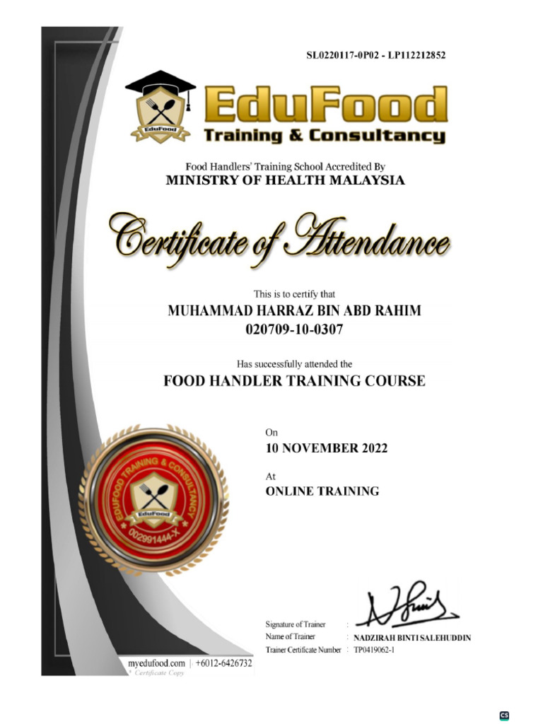 Food Handling Certificate | PDF