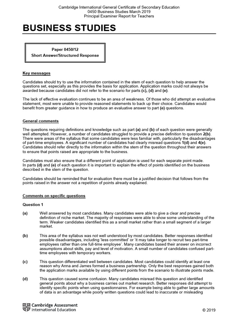 Business Studies: Paper 0450/12 Short Answer/Structured Response | PDF
