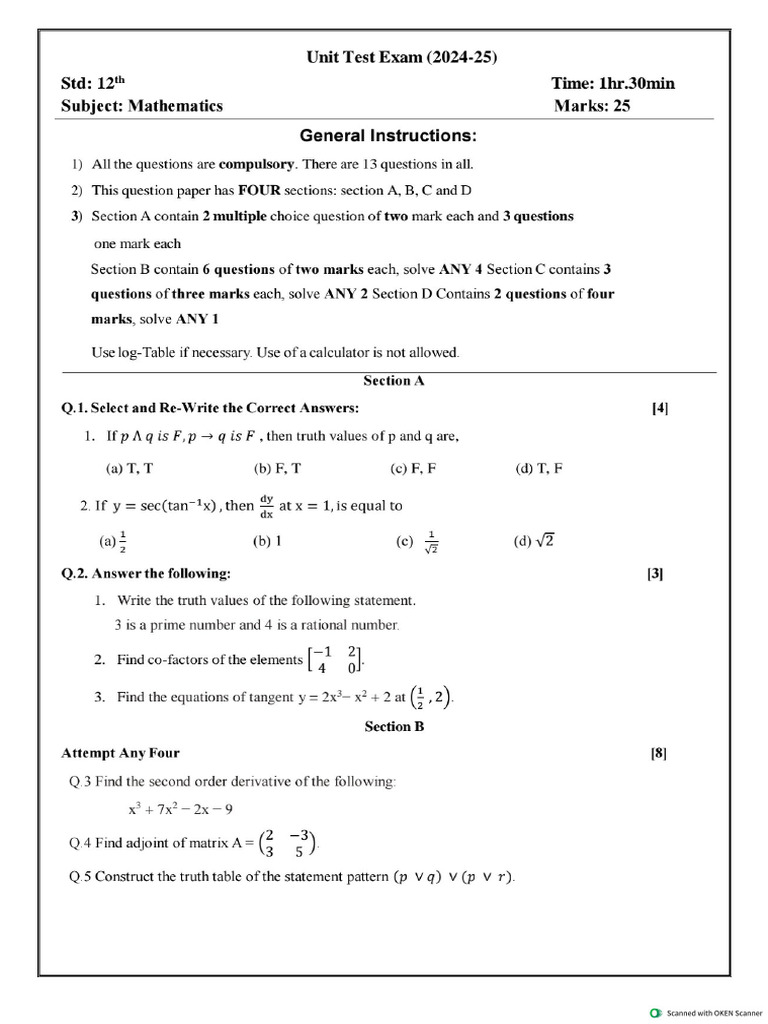 Subject - Math's Final Unit Test 1st Question Paper | PDF