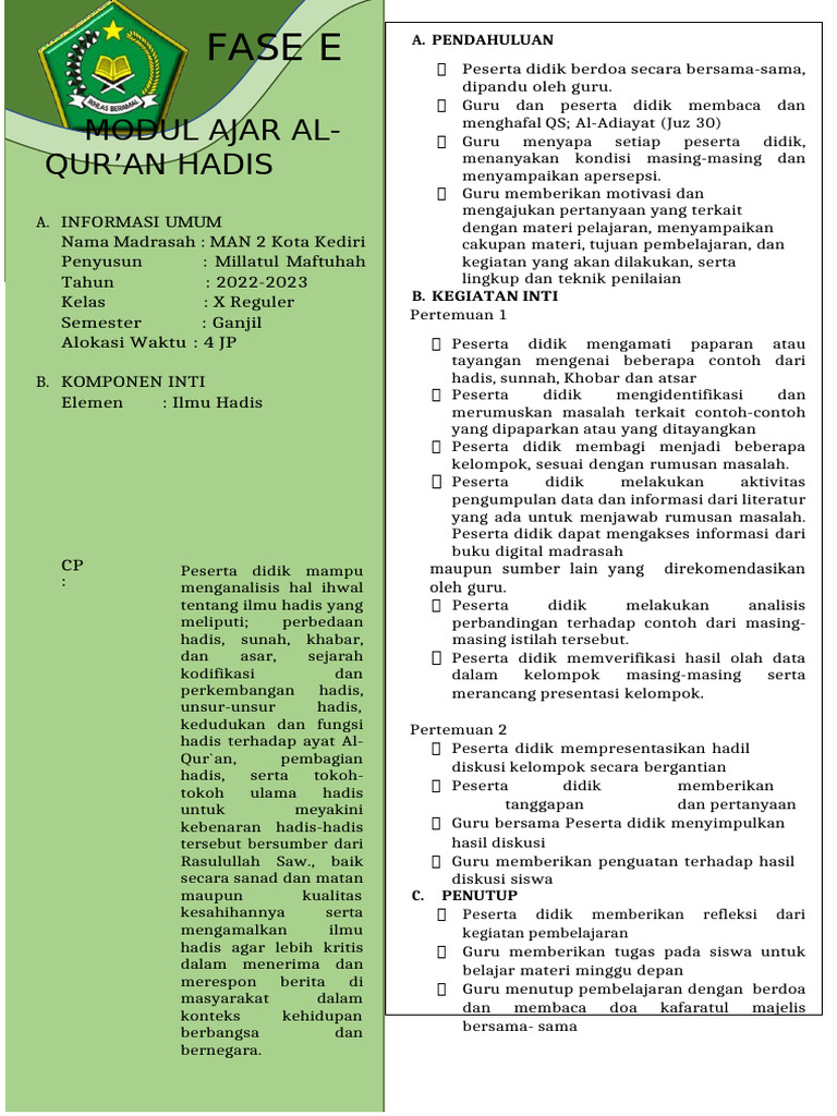 Contoh Modul Ajar Qurdis | PDF
