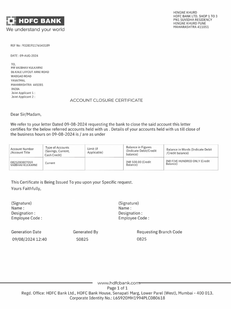 Account Closing Certificate | PDF