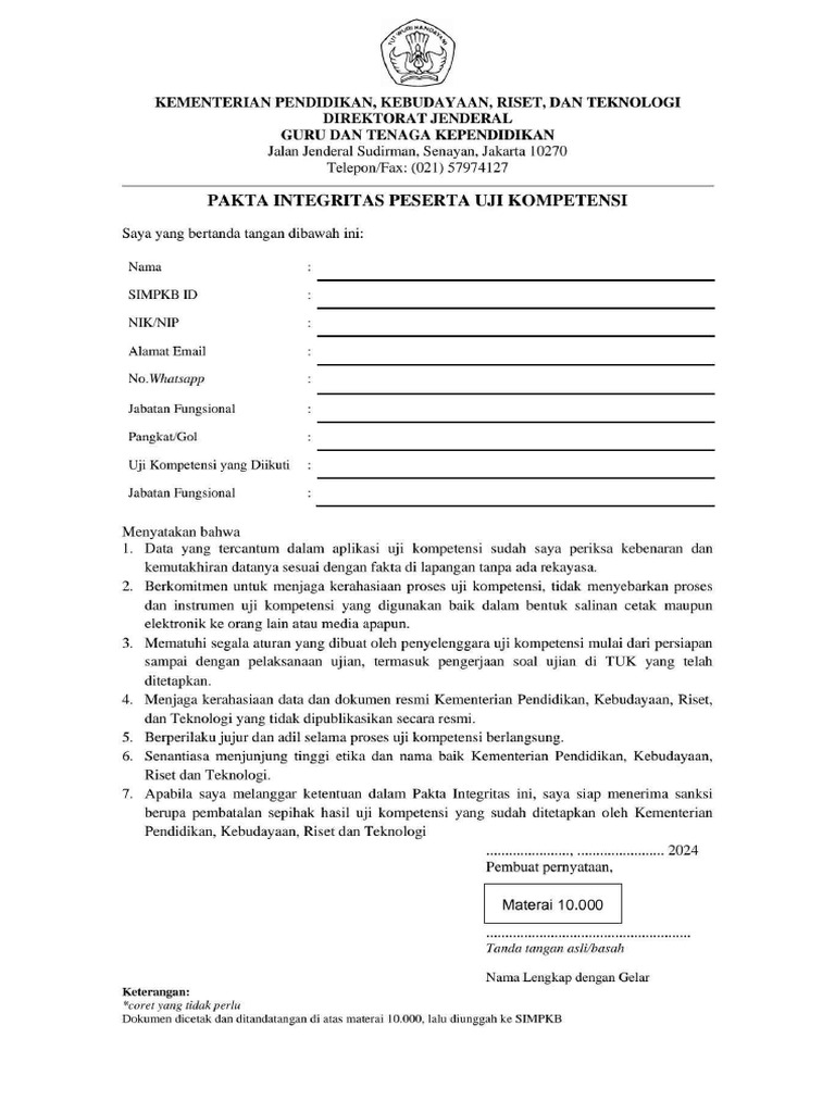 Pakta Integritas Peserta Uji Kompetensi - Juni2024-2 | PDF
