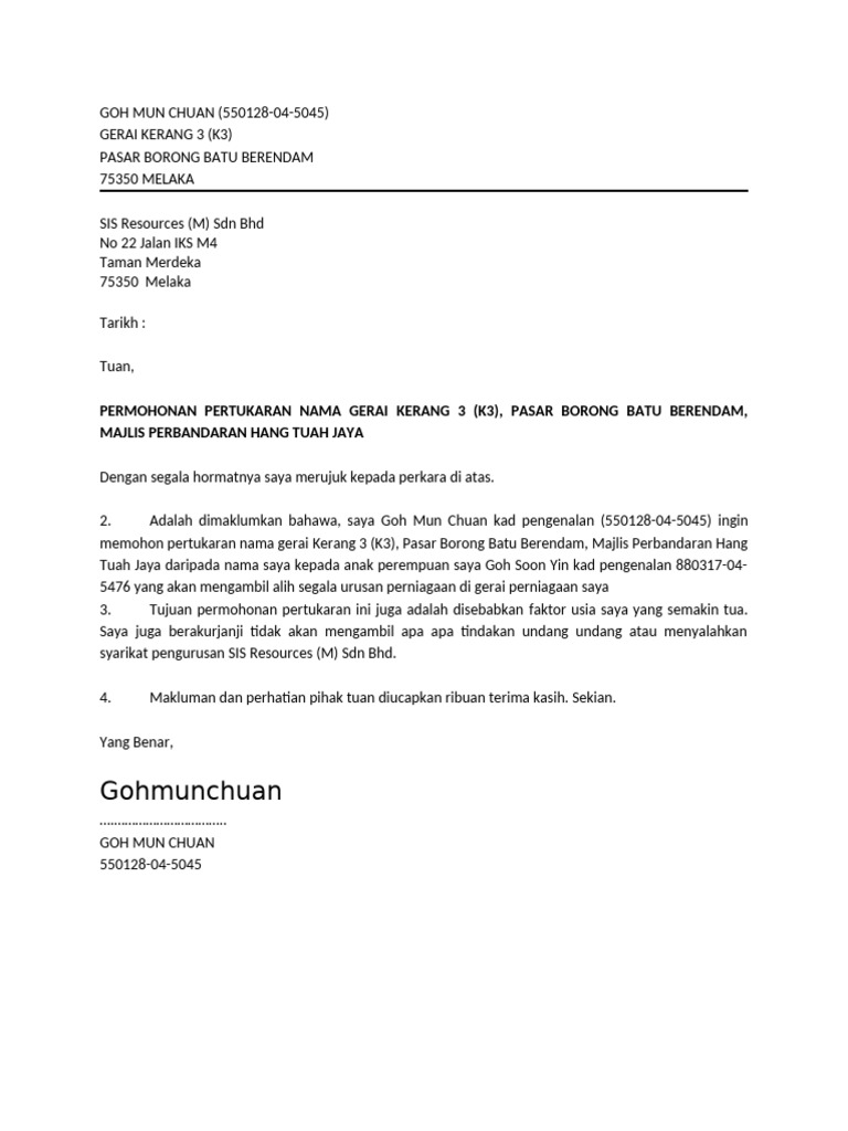 Contoh Surat Penyewa Tukar Nama (Owner) | PDF