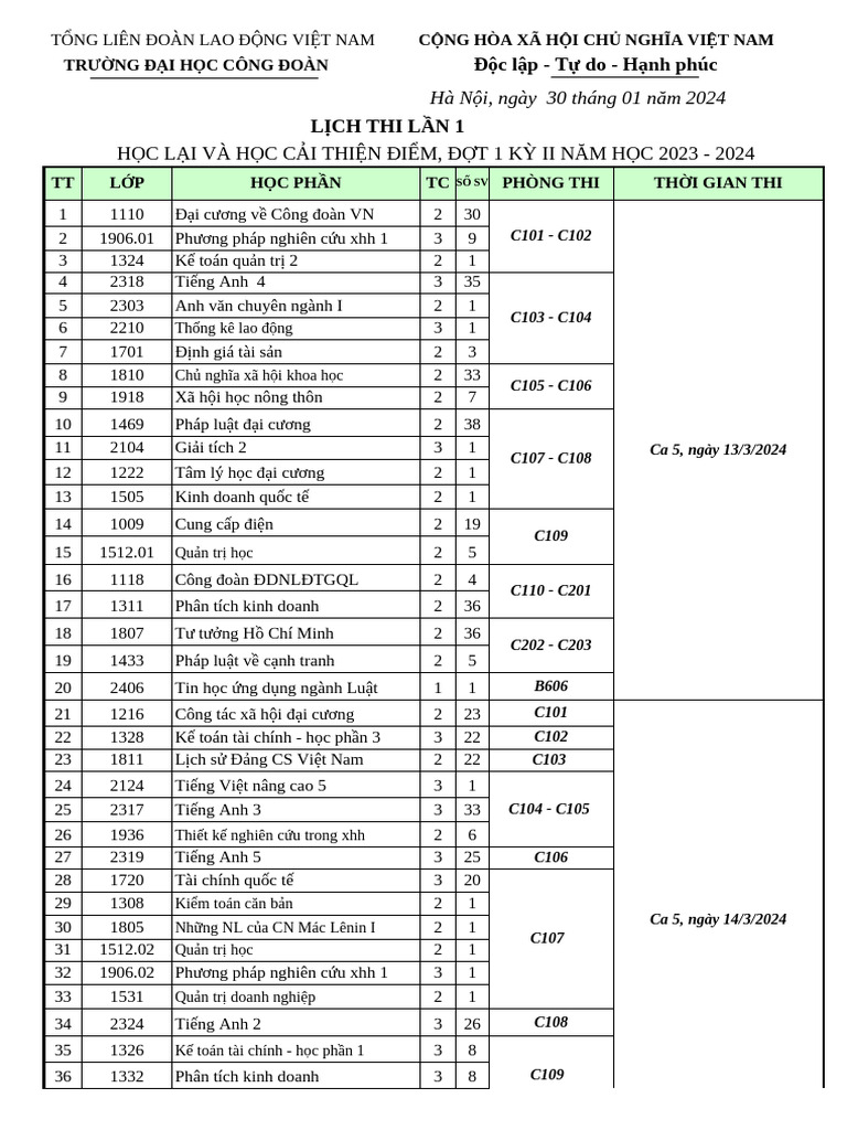 Lich Thi Lần 1 Đợt 1 Kỳ II Năm 2023 - 2024 | PDF